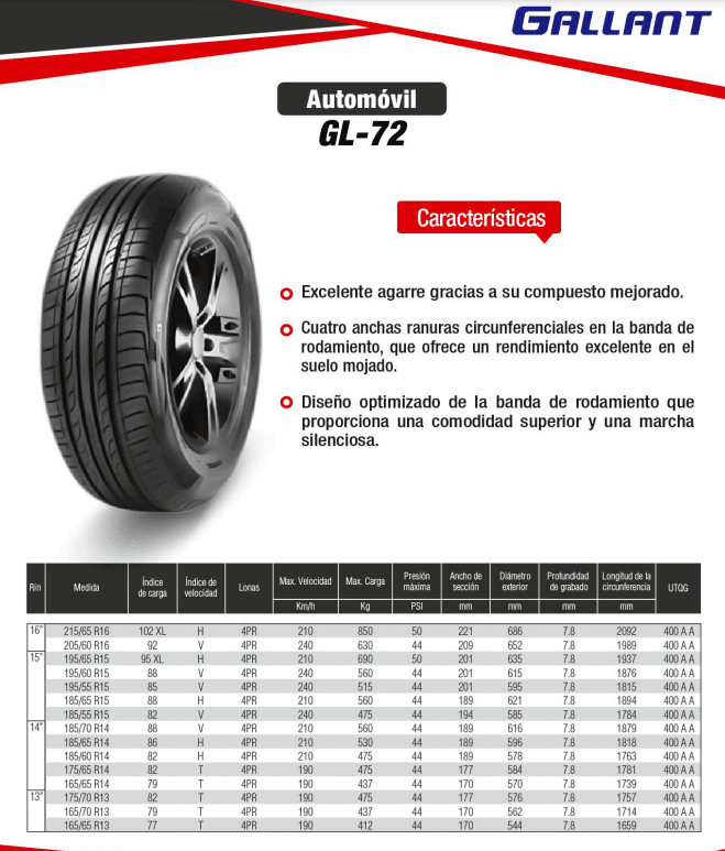 Llanta 165/65 R 13 77T GL-72 Gallant | Tractomulas de Colombia®
