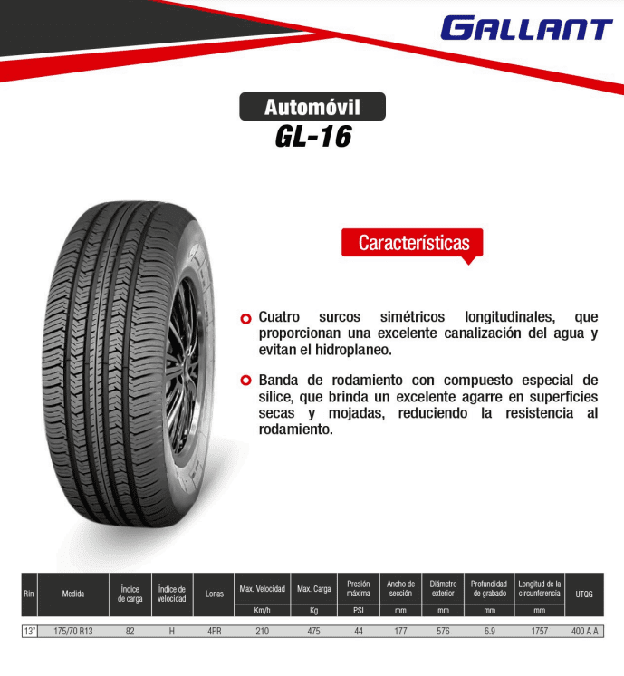 Llanta 175/70 R 13 82H GL-16 Gallant | Tractomulas de Colombia®