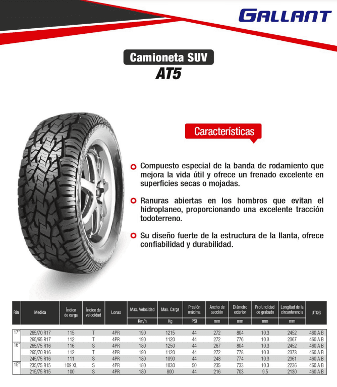 Llanta 265/70 R 17 115T AT5 Gallant | Tractomulas de Colombia®