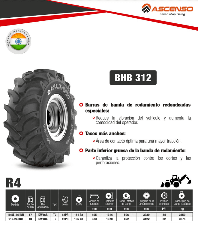 Llanta 19.5L - 24 12PR BHB312 TL R4 Ascenso | Tractomulas de Colombia®