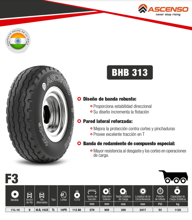 Llanta 11L - 16 10PR BHB313 TL Ascenso | Tractomulas de Colombia®