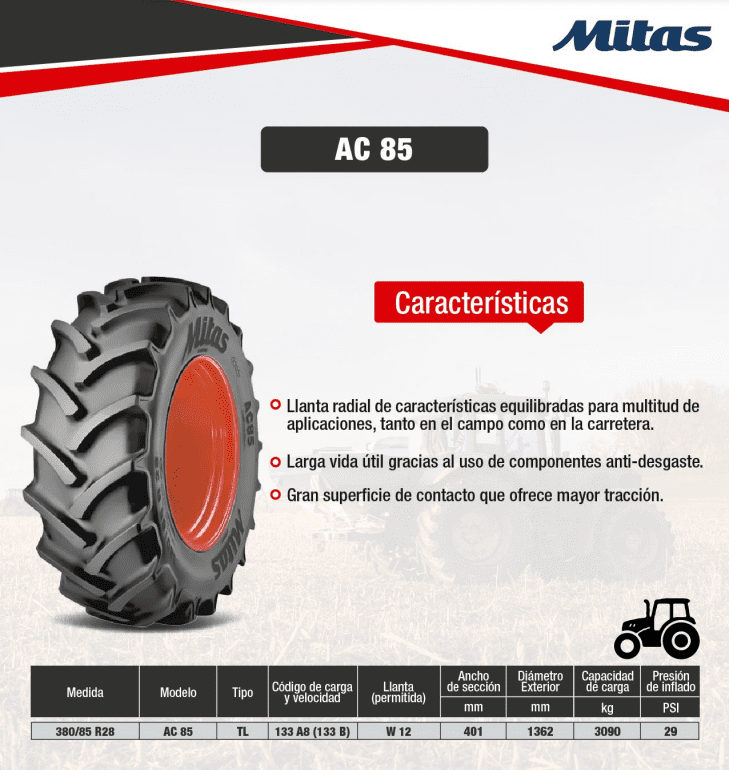 Llanta 380/85 R 28 133A8/133B AC85 TL Mitas | Tractomulas de Colombia®