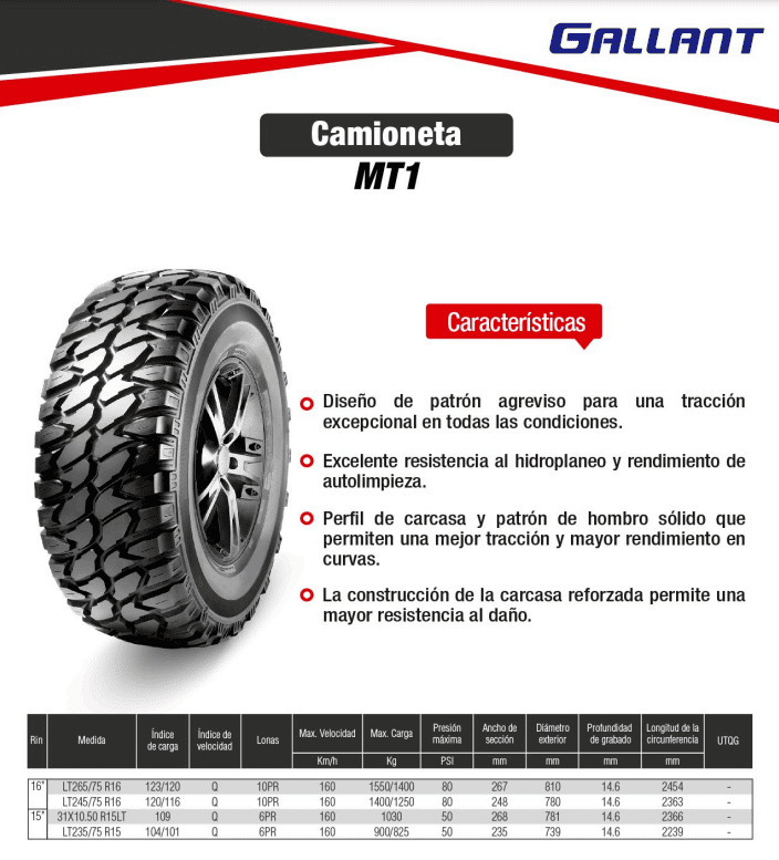 Llanta 265/75 R 16 10PR LT 123/120Q MT1 Gallant | Tractomulas de Colombia®