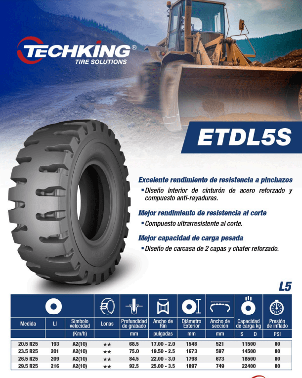 Llanta 23.5 R 25 201/A2 ETDL5S L5 TL TechKing | Tractomulas de Colombia®