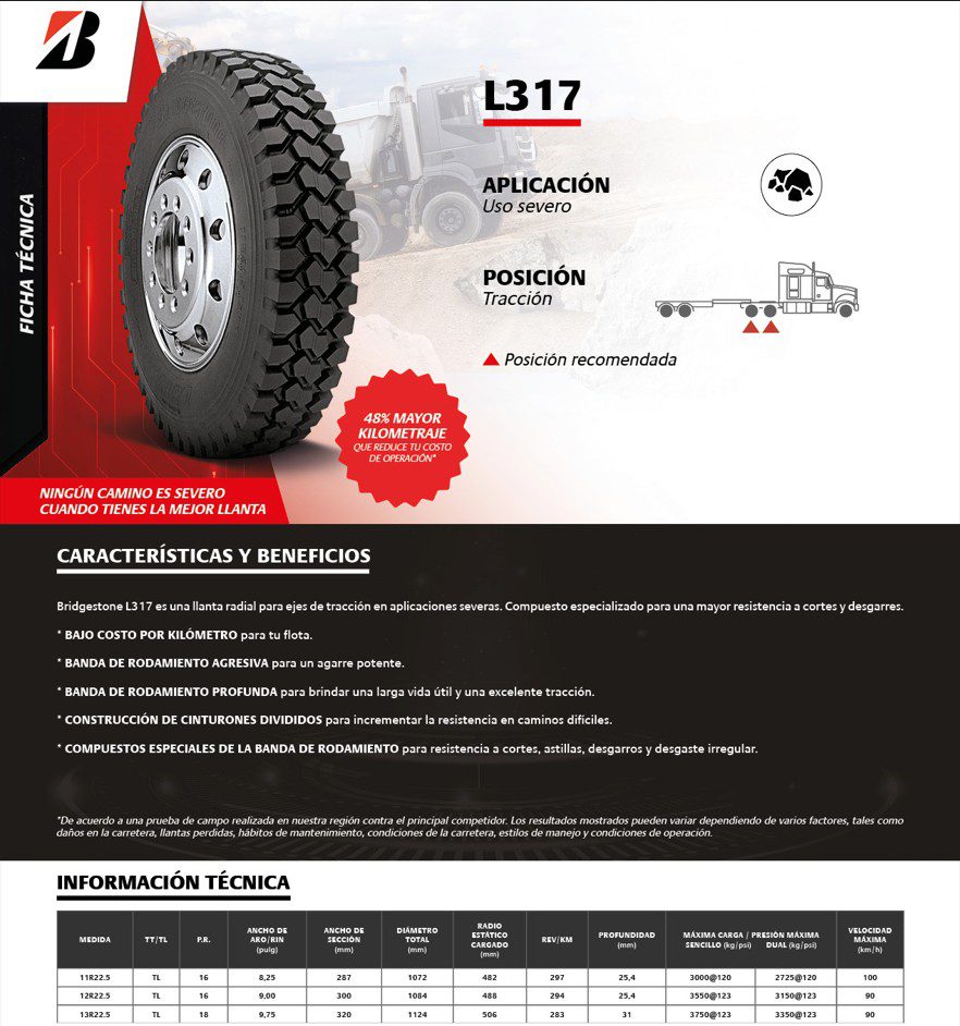 Llanta 12 R 22.5 16PR L317 TRAC OTR Bridgestone | Tractomulas de Colombia®